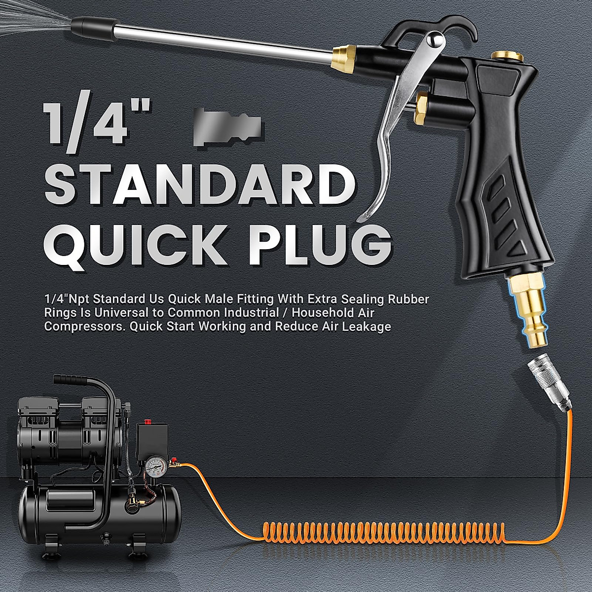 High Volume Air Blow Gun with Brass Adjustable Air Nozzle, Industrial Air Blower Gun with 2 pcs Steel Extensions and 13.7 Inch Universal Blow Hose, Pneumatic Air Gun Air Compressor Accessories Tool