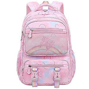 BYXEPA Girls Backpack, 16.5 * 13.5 * 7 inches School Backpack for Girls, Lightweight Kids Backpack with Compartments, Kids' School Book Bag for Elementary Student (Pink)