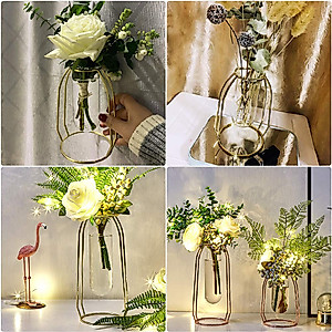 MARATTI 2 Pcs(S+L) Flower Vases with Iron Art Frame, Metal Geometric Flower Vase, Clear Vase Decorative for Home Office Wedding Holiday Party Celebrate (Gold/Rose Gold) (Gold)…