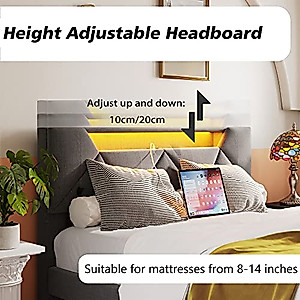 ANCTOR Queen Bed Frame with Storage Headboard and Charging Station, LED Lights Upholstered Platform Bed, Heavy Duty Steel Support Legs, Easy Assembly, Noise Free