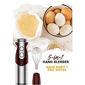 MegaWise Pro Titanium Reinforced 5 in1 Immersion Hand Blender, Powerful with 80% Sharper Blades, 12 Speed Corded Blender, Including 500ml Chopper, 600ml Beaker, Whisk and Milk Frother