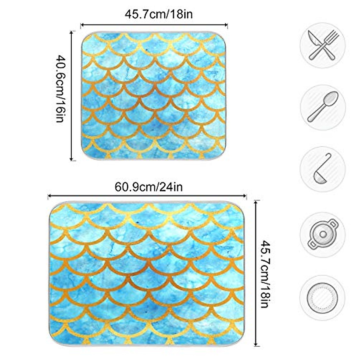 Ocean Mermaid Scales Dish Drying Mat 16"x18" Absorbent Machine Washable Hanging Fast Dry Pad Dish Protective Mat for Kitchen Countertop Heat Resistant Dinner Table Mat
