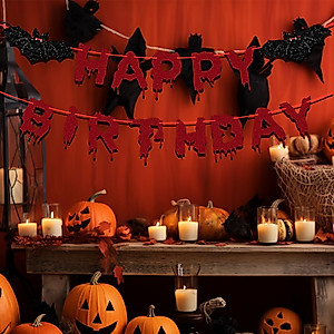 Red Glittery Happy Birthday Halloween Banner, Simple Suspension Halloween Birthday Party Supplies Horror Themed Birthday Decorations, Bat Vampire Halloween Party Scary Horror Party Decorations