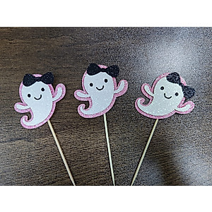 Ghost Cupcake Toppers Pink Glitter, Halloween Ghost Baby Shower Cupcake Toppers Ghost Food Cupcake Picks for Pink Halloween Baby Shower Birthday Party Cake Supplies - 24Pcs