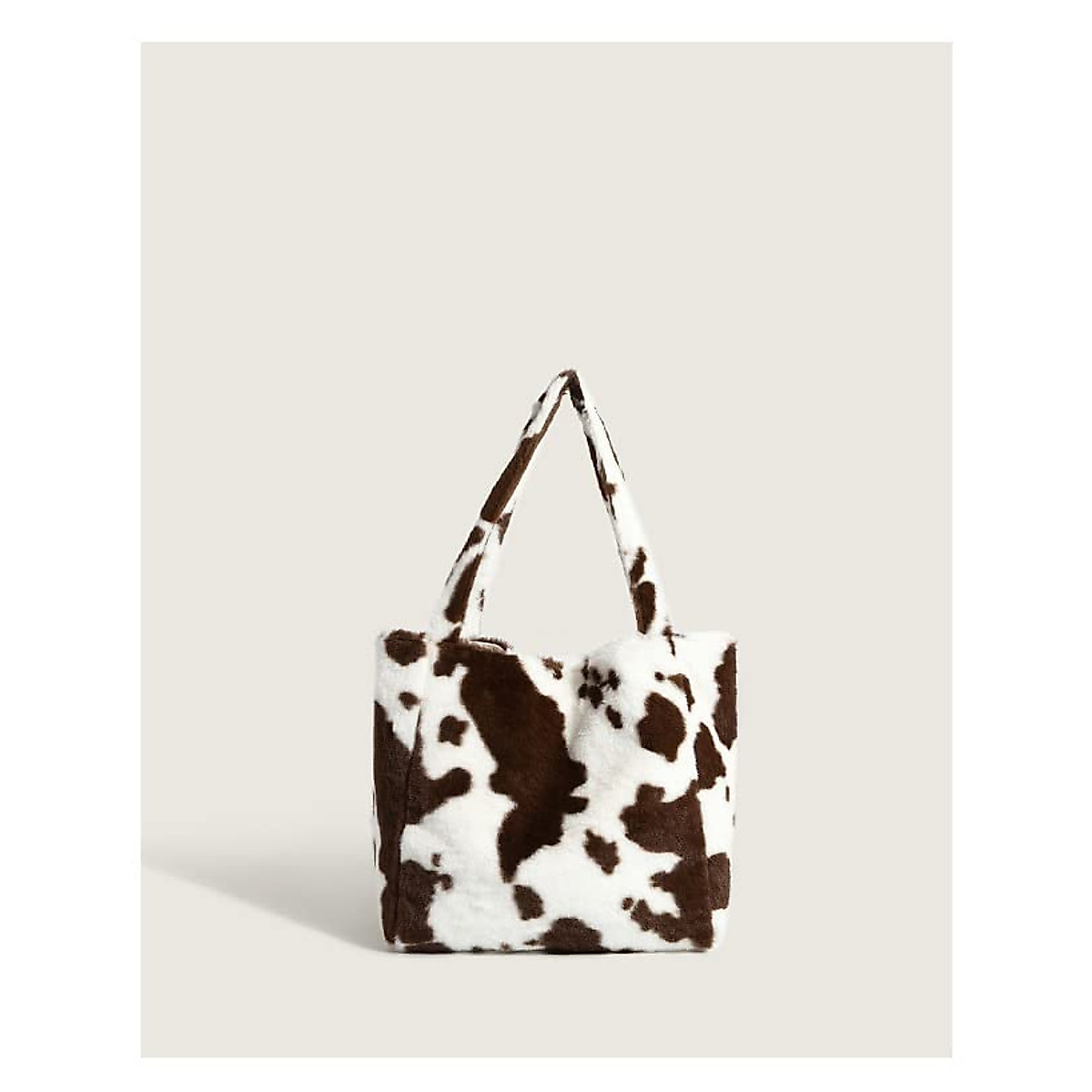 Fluffy Cow Printed Tote Bag Y2K Fuzzy Shoulder Bag Plush Aesthetic Purse Underarm Bag for Autumn Winter (Brown)