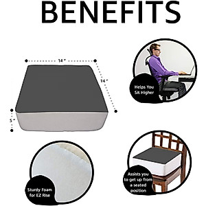 Comfort Finds Rise with Ease Seat Cushion - Thick Firm Chair Cushion Booster - Extra Thick Foam Pad for Home, Patio, Office and Car Seats - Extra Supportive Lift - 15.5 X 18 X 5 - Gray