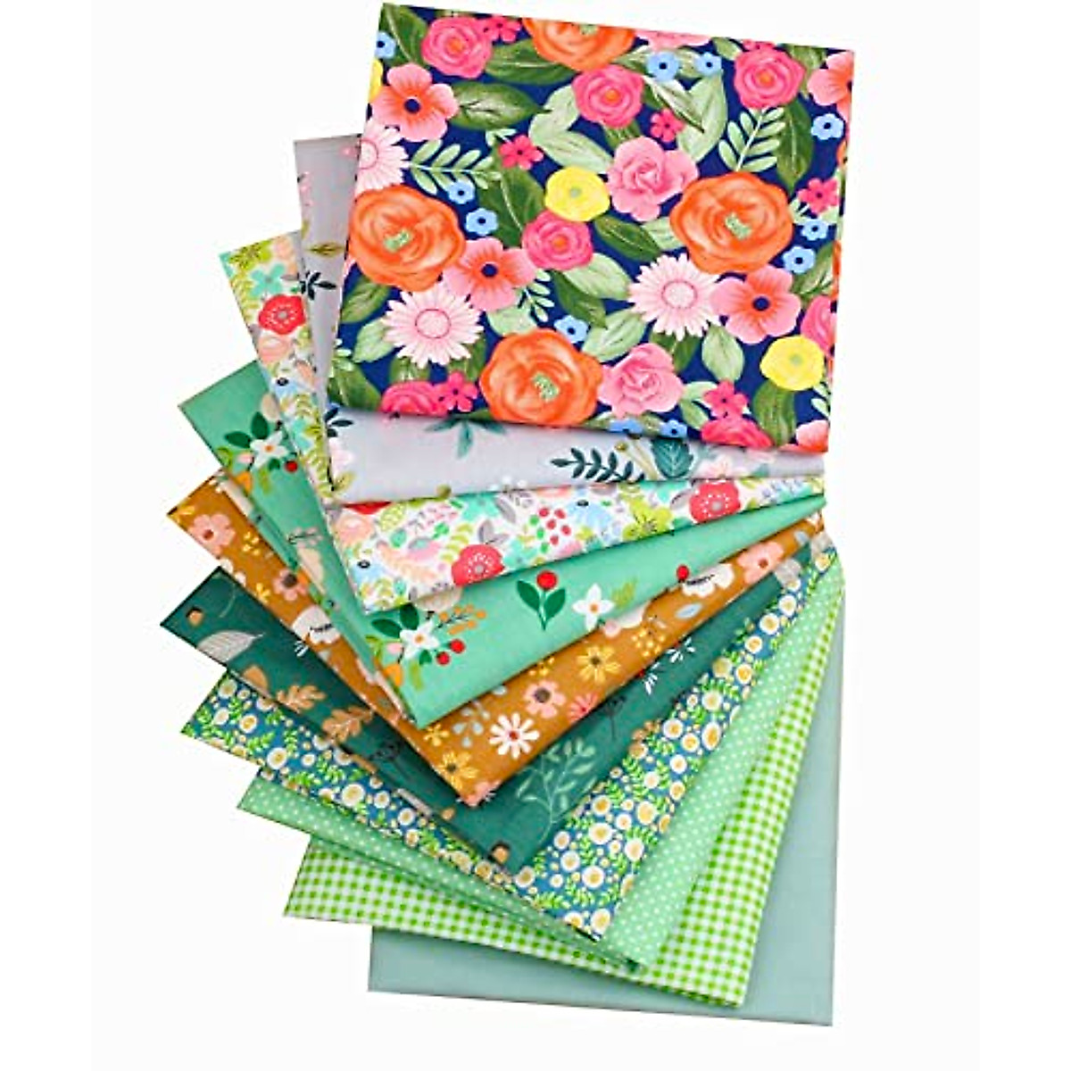 100% Cotton Quilting Fabric Bundles 10 pcs Fat Quarters, Squares Sheets for Patchwork, Sewing, Quilting, Crafting 19.6’’x15.7’’ (50cmx40cm), Green Floral
