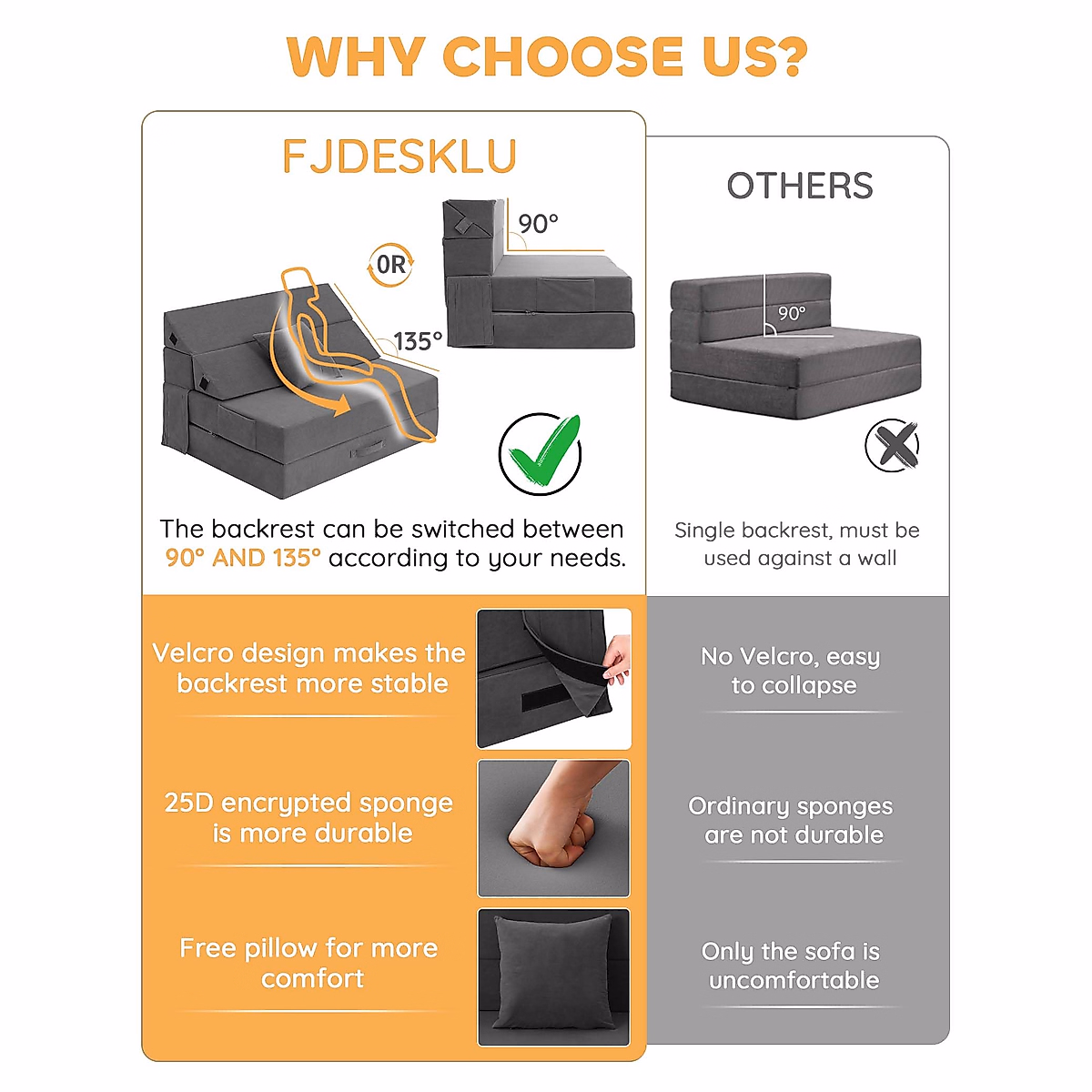 Fjdesklu Folding Couch Sofa Bed - Comfortable Sleeper Chair with Stable Back Support, Pocket and Throw Pillow, Durable Fabric & Portable Design for Napping, Yoga, Reading, and Relaxation - Grey