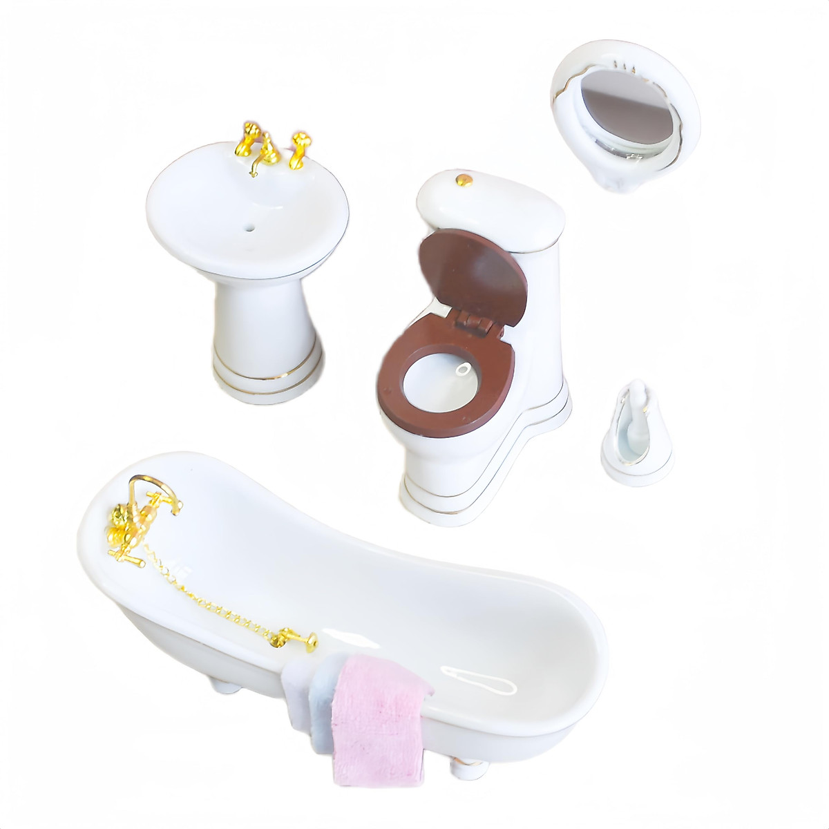 SUCCUNA Dollhouse Accessories Bathroom Set 1 12 Scale Dollhouse Furniture Miniatures Toys Mini Ceramic Toilet Washbasin Mirror Bathtub with 3 Towels for Dollhouse Restroom Decoration