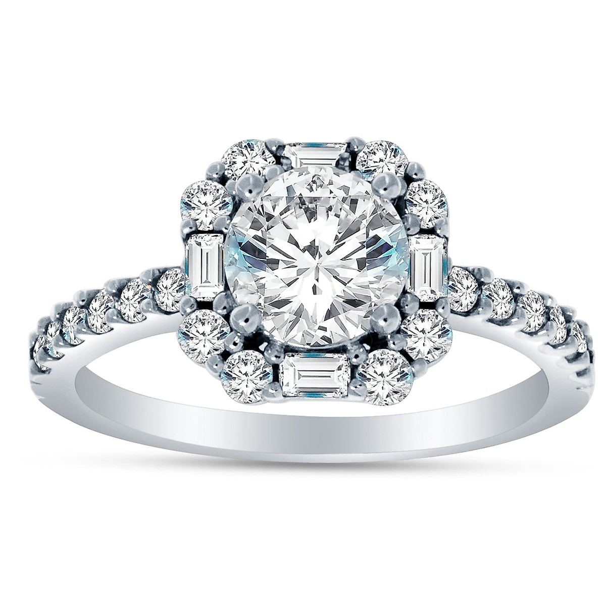 Size 4 - Solid 14k White Gold CZ Cubic Zirconia Halo Bridal Engagement Ring w/Matching Wedding Band Two Ring Set - Round Brilliant Cut Solitaire with Baguette Side Stones (2.75cttw., 1.0ct. Center)