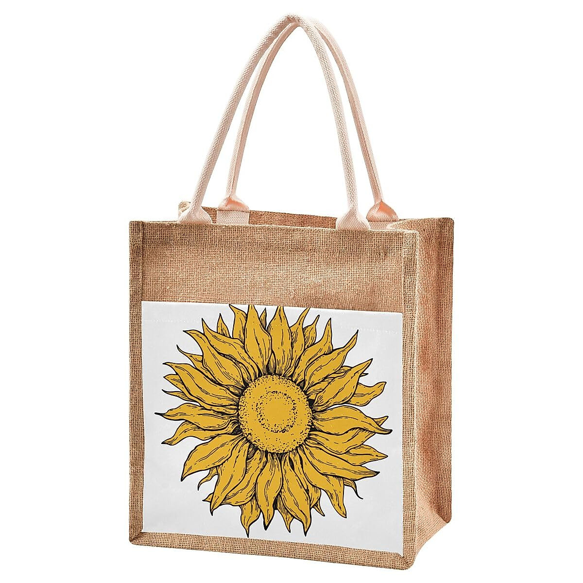 Jute Burlap Tote Bag Sunflowers Autumn Summer Yellow Floral Large Capacity Reusable Grocery Shopping Storage Bag