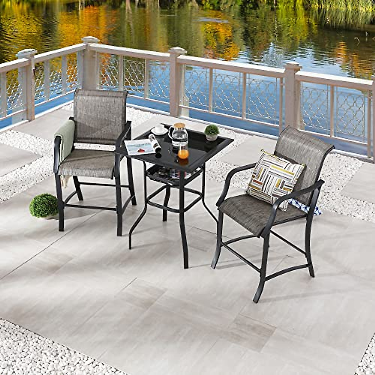 LOKATSE HOME Patio Bar Set 3 Piece Counter Height Stools and Table Tesilin Conversation Dining Furniture, Grey