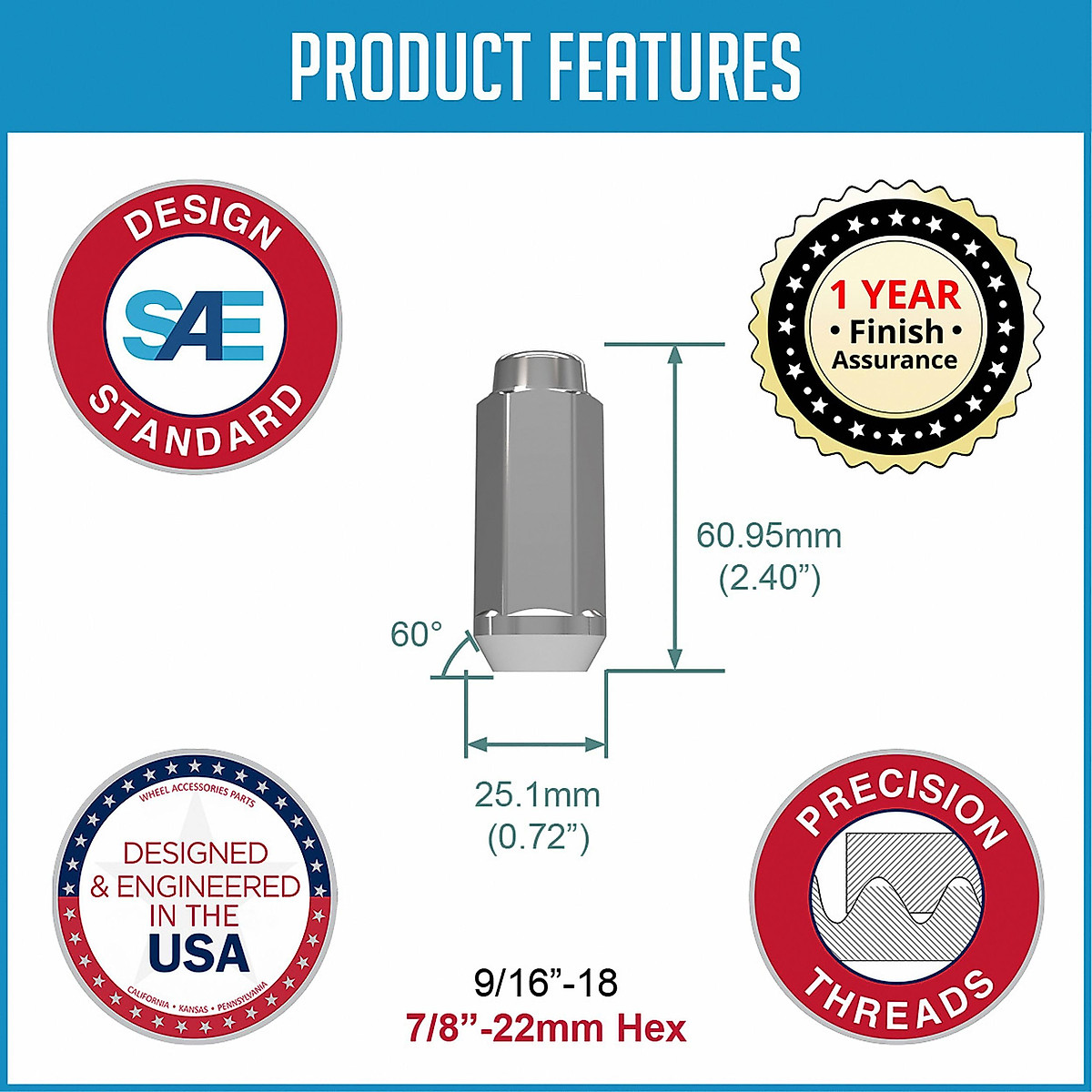 Wheel Accessories Parts 32 Pcs 9/16"-18 Thread Bulge Acorn 2.40" Long Lug Nuts Chrome 22mm 7/8" Hex Fits 1994-11 Ram 2500 3500 1975-97 Ford F250 F350 Chevrolet GMC C20 K20 K30 K35 C2500 C3500