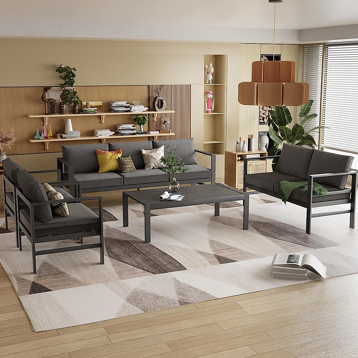 FYRICKYLINOO Aluminum Patio Furniture Outdoor Sectional Sofa Set, 5 Pieces Modern Aluminum Outdoor Conversation Set, All-Weather Metal Patio Furniture Set with Coffee Table (Grey)