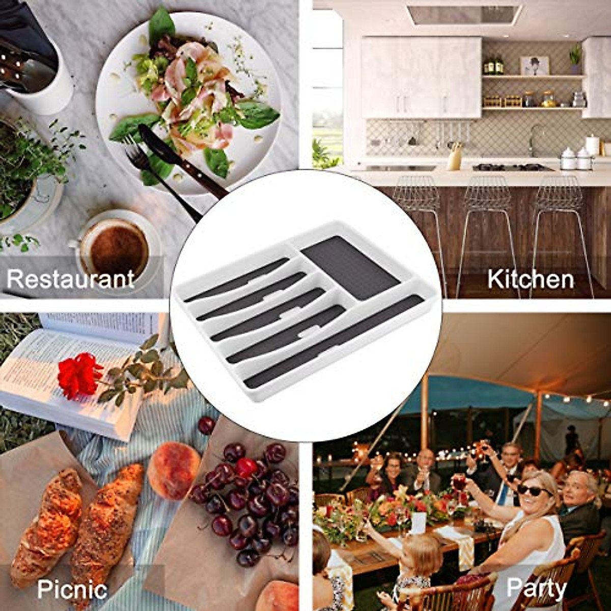 Hemoton Utensils Drawer Organizer PP and Silicone Silverware Organizer Tray Kitchen Tableware Sorting Box for Home Restaurant Hotel (White)