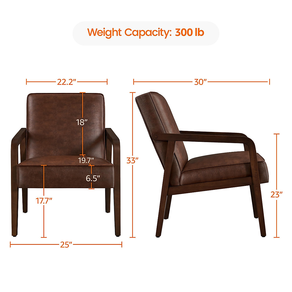 Yaheetech Accent Chair, PU Leather Reading Chair, Mid Century Modern Arm Chair with Solid Wood Frame for Living Room Bedroom Waiting Room, 2 Pieces, Dark Brown