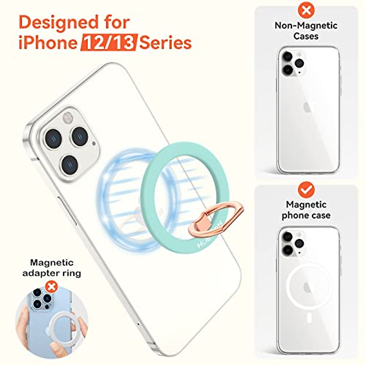 Magnetic Phone Ring Grip for Magsafe,Phone Ring Holder for iPhone 13/12 Pro Max Mini MagSafe Accessories, Removable Phone Finger Ring Grip and Stand Compatible for Magsafe Cases (Mint Green)