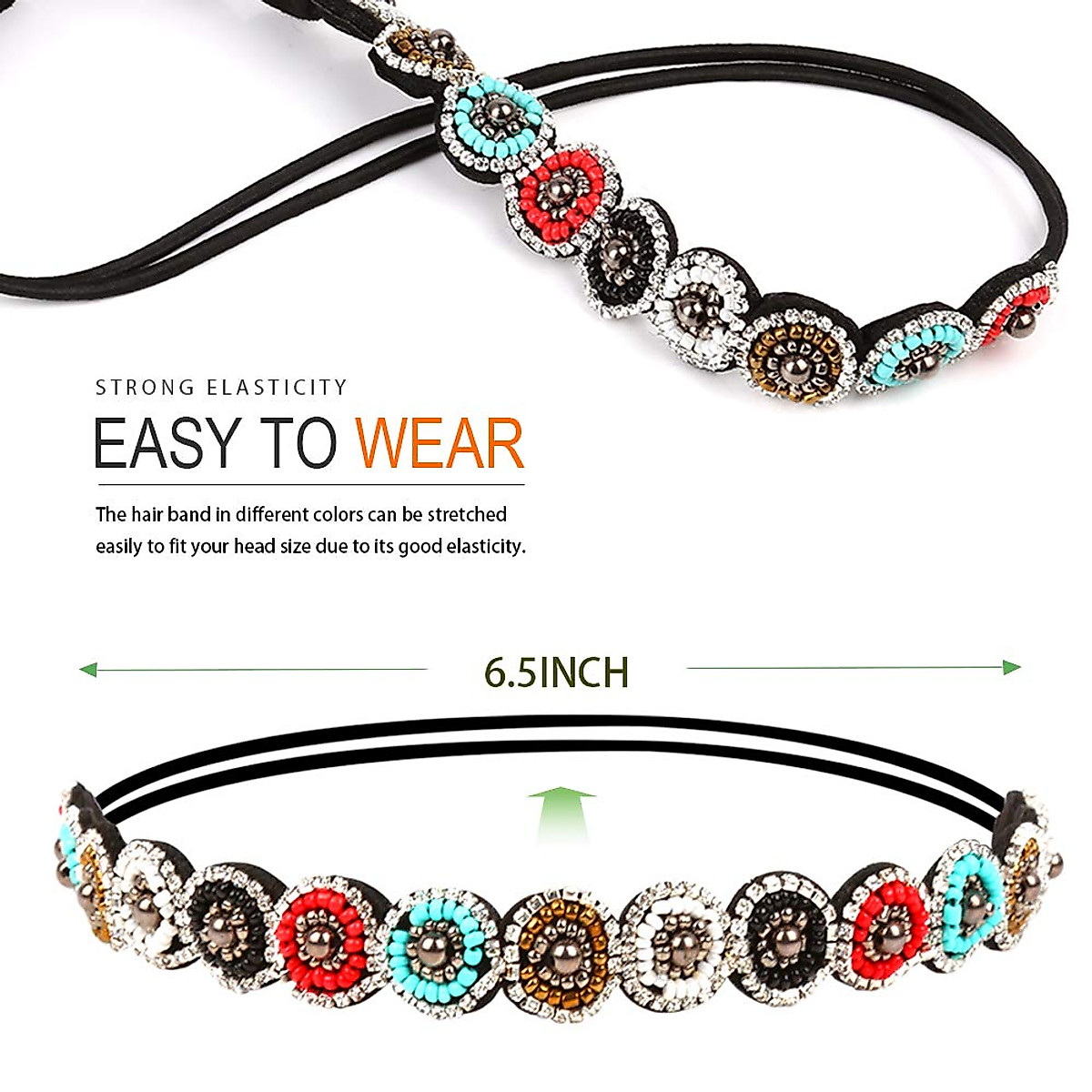 Teenitor 6pcs Rhinestone Beaded Headband, Elastic Jewelry Hair Bands for Lady Women Girl Hair Accessories 20-26.8'' Multicolor