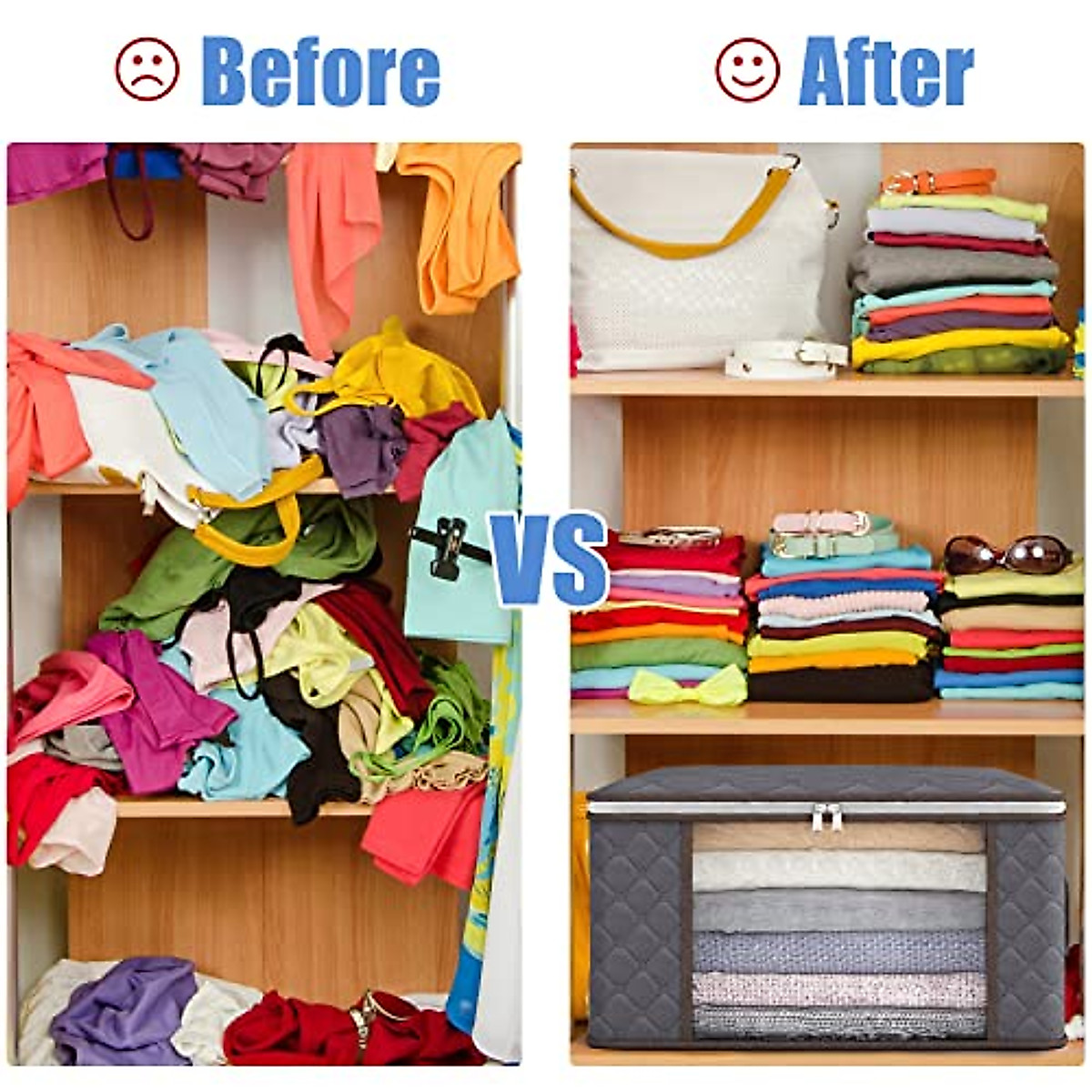 Fixwal 8 Pack Blanket Storage Bags Foldable Clothing Storage with Reinforced Handles Sturdy Zippers Storage Containers for Clothes Pillow Dorm Bedroom, 60L, Gray