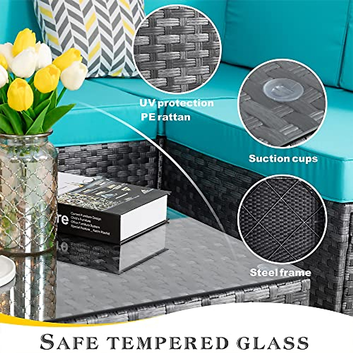 SUNLEI 5pcs Patio Outdoor Furniture Sets Conversation Set,Low Back All-Weather Rattan Sectional Sofa with Tea Table&Washable Couch Cushions(Silver Rattan)(Blue)