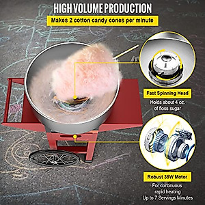 VBENLEM Commercial Cotton Candy Machine with Cart, Electric Floss Maker with Stainless Steel Bowl, Sugar Scoop and Drawer, for Family and Various Party, Red