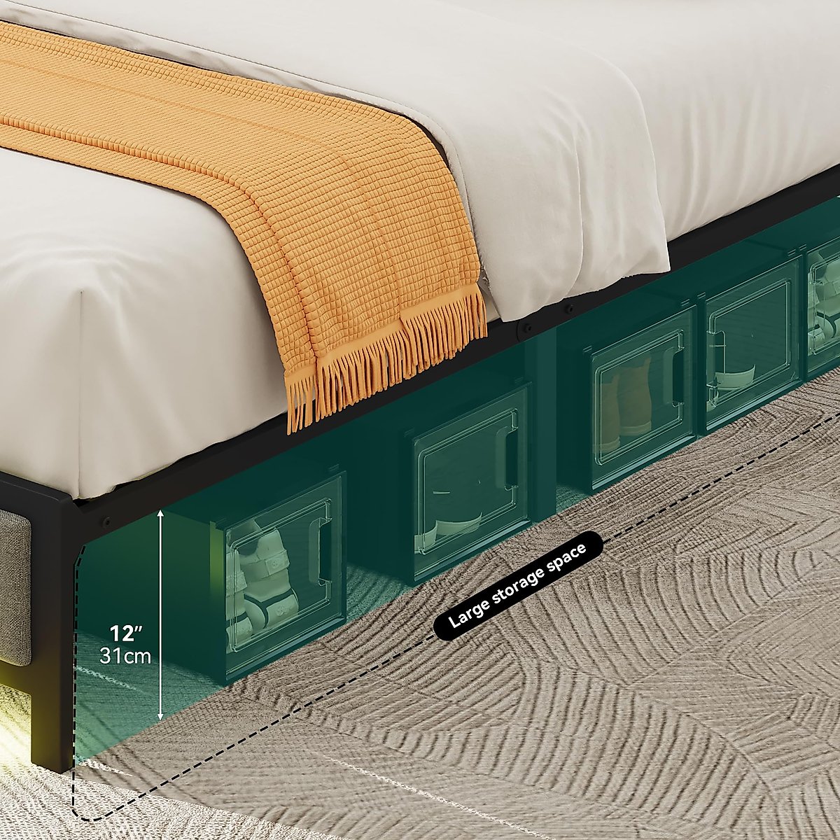 DWVO LED Bed Frame Queen Size, Upholstered Bed Frame Featuring Bookcase Headboard Storage, Platform Bed Frame with Built-in Charging Station, No Requirement for Box Spring, Simple Assembly, Gray