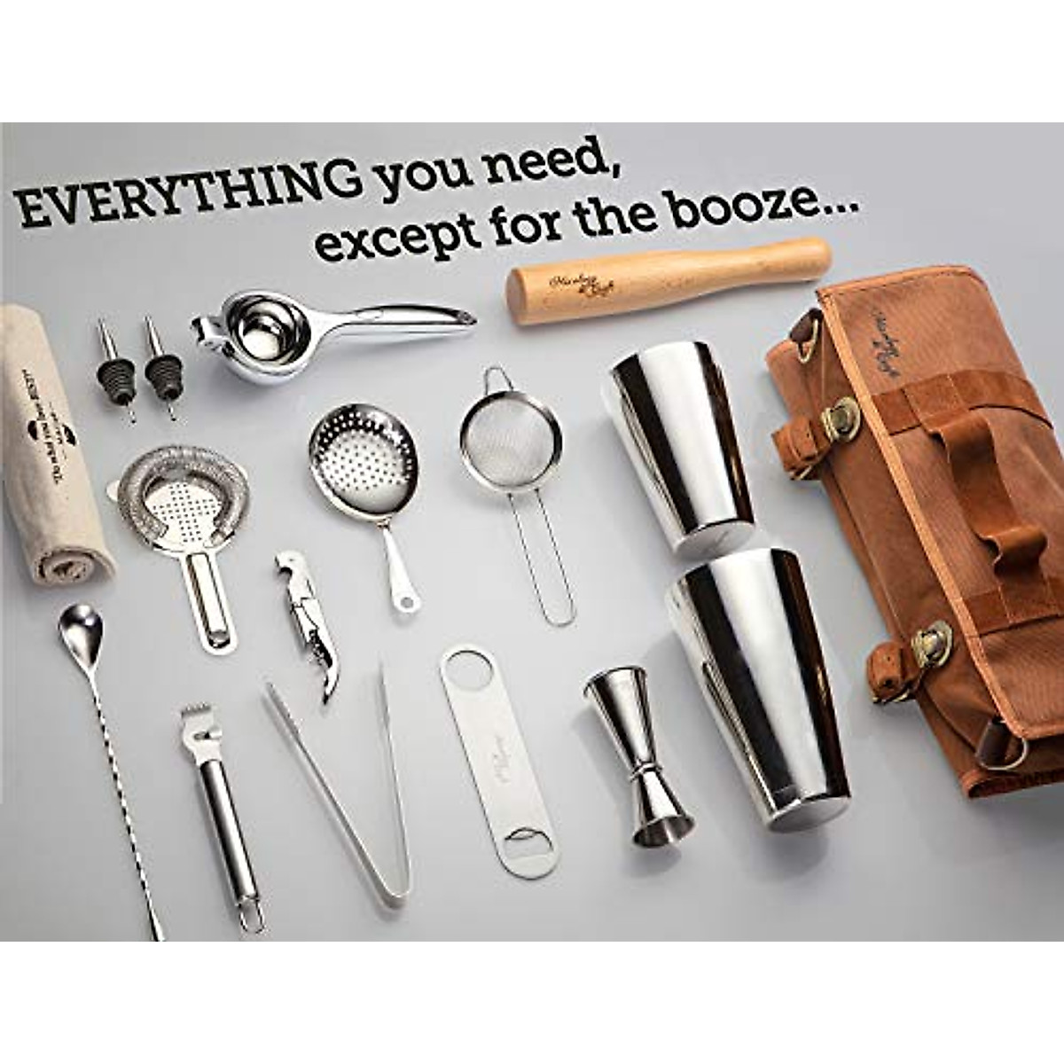 Travel Bartender Kit Bag | Professional 17-Piece Silver Bar Tool Set with Portable Bar Bag and Shoulder Strap for Easy Carry and Storage | Best Travel Bar Set for Home Cocktail Making, Work, Parties