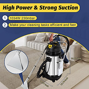 Carpet Cleaner, 110V 40L Commercial Upholstery Cleaner Machine 3 in 1 Portable Wet Dry Sofa Curtain Fabric Dust Cleaner with Long Flat/Dry/Water Vacuum Head and Round Brush for Carpet Sofa Curtain