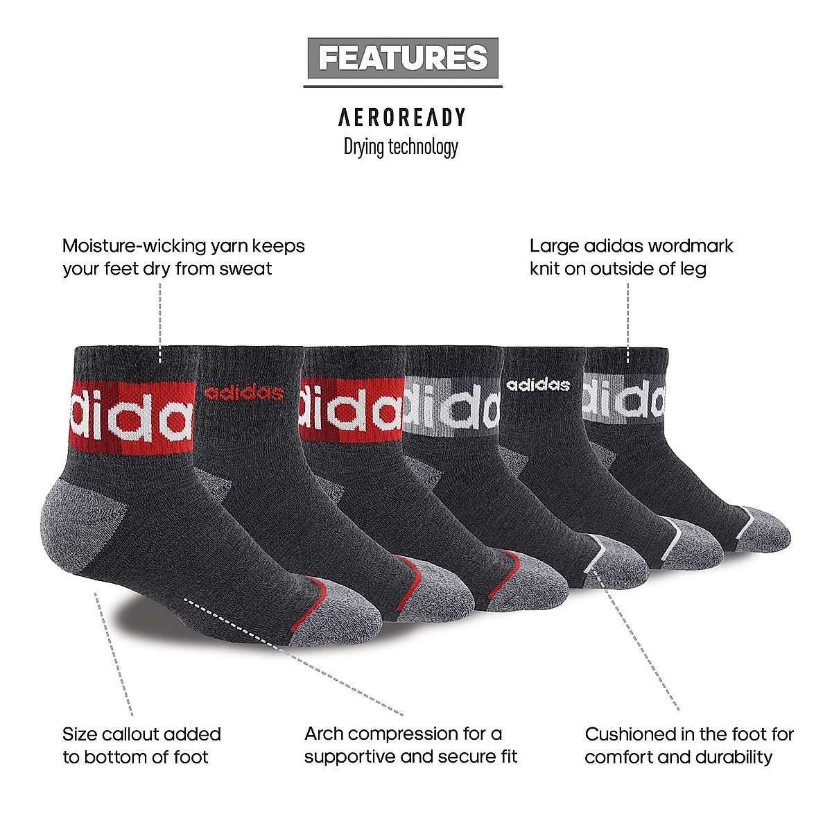 adidas Boys' Youth Blocked Linear II 6-Pack Quarter, Black/Onix Grey/Scarlet Red, Large