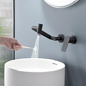 Lefton Wall Mount Bathroom Faucet with Temperature Display (Battery-Free), Single Handle Wall Mount Faucet for Bathroom Sink, Matte Black, BFWM2401-3