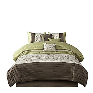 Madison Park Serene Faux Silk Comforter Set - Floral Embroidery Design, All Season Bedding Set, Matching Bed Skirt, Decorative Pillows, Green King(104"x92") 7 Piece