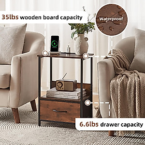 Somdot Night Stand with Charging Station and LED Light for Bedroom, Bedside Table End Table for Dorm Bedside Laundry Closet Entryway Hallway, Wood Grain Print