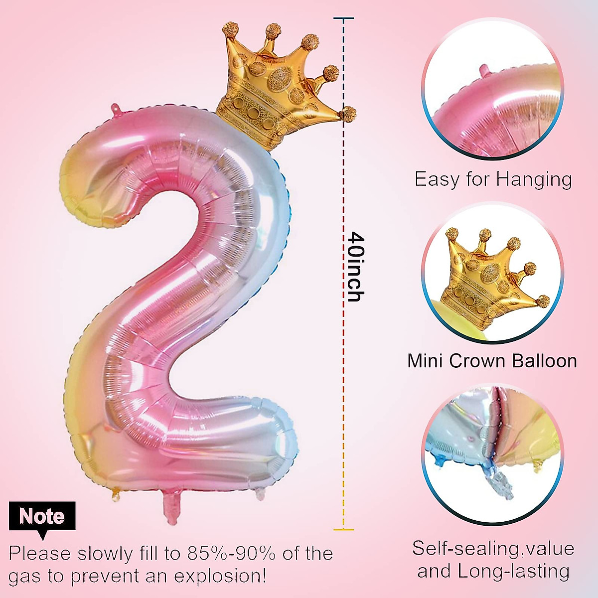 40 Inch Rainbow Gradient Number 2 & Mini Crown Balloon for Birthday Party Decorations, 2nd Birthday Party Decorations, Baby Shower Anniversary Balloons Decorations Supplies