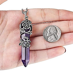 Top Plaza Bundle - 2 Items: Natural Crystal Amethyst Antique Silver Flower Necklace & Tree of Life Wire Wrapped Heart Shape Stone Pendant Necklace
