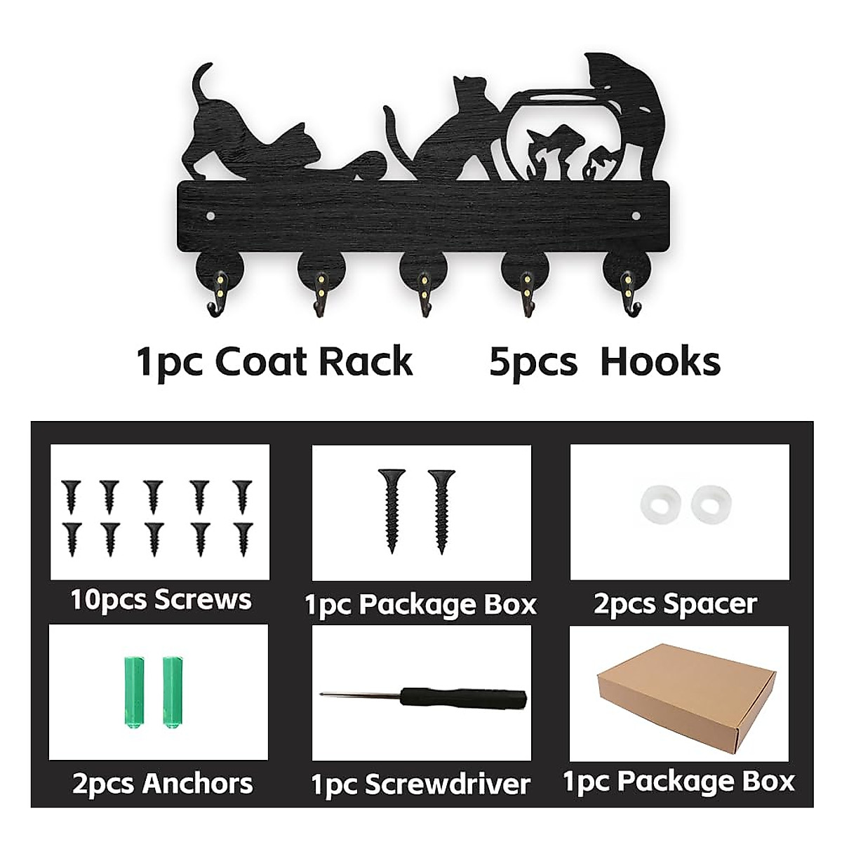 BEUNITONE Cat Wooden Key Holder Animal Key Hanger 11.8x7.9 Cat Fish Decorative Key Holder Rack Wall Mounted Wood Key Display Holder with 5 Hooks and Screws for Entryway Kitchen Hallway Office