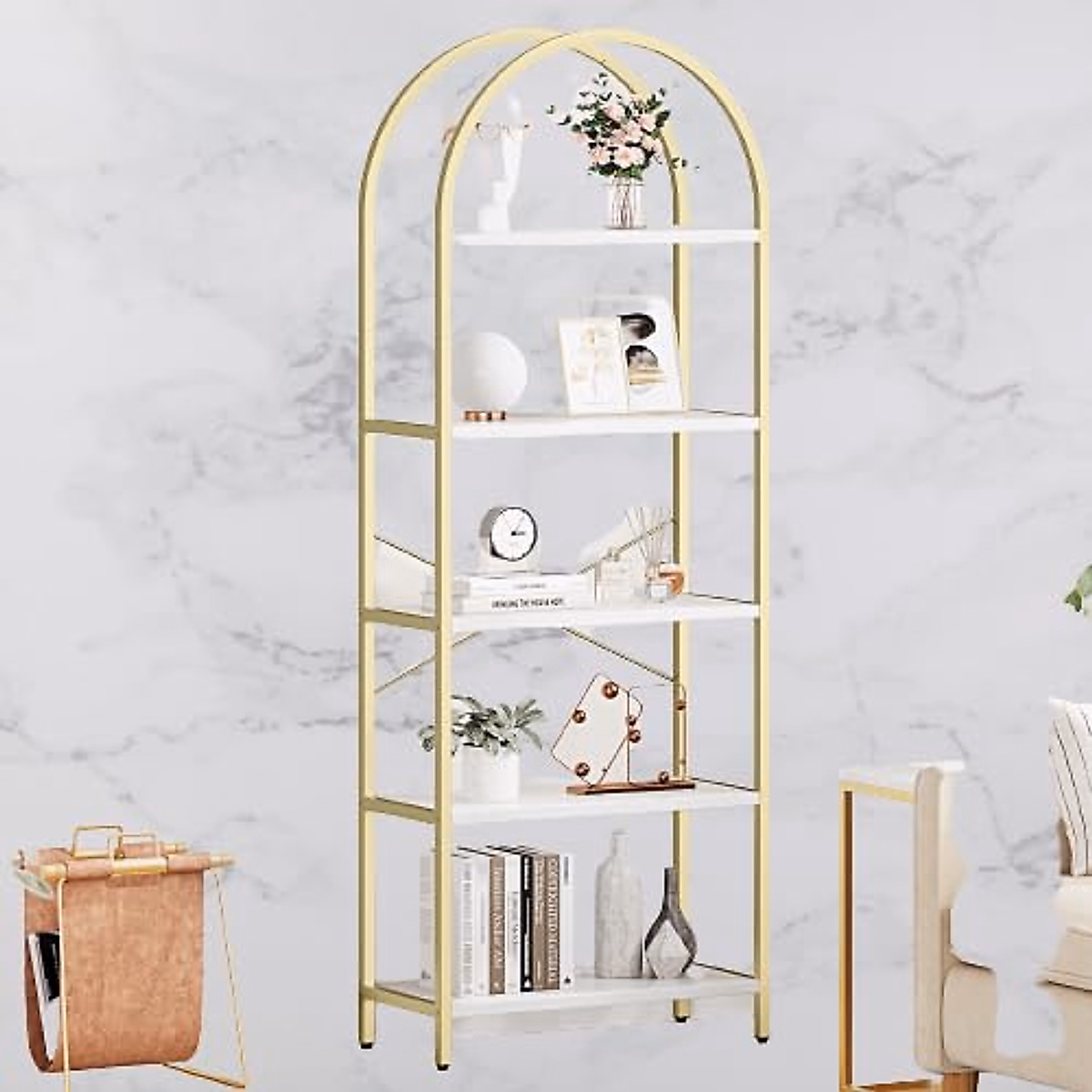 Gyabnw Bookshelf, 5-Tier Arched Bookcase with Metal Frame, Open Modern Bookcase Shelf Storage Organizer for Bedroom, Study, Living Room, and Office(White, Gold)
