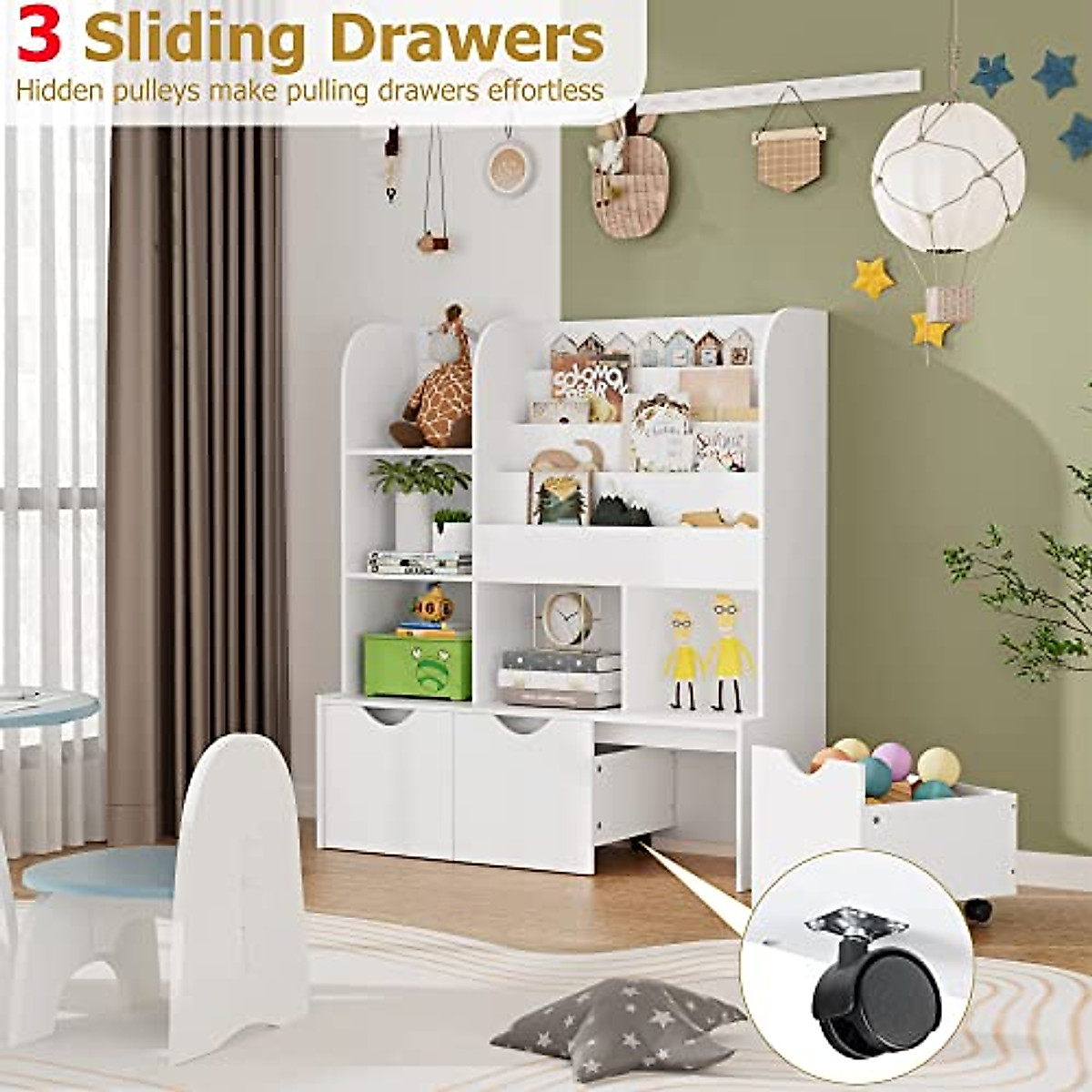 FOTOSOK 47'' Kids Bookcase and Bookshelf, Multifunctional Bookcase with 5 Storage Cubbies and 3 Movable Drawers, Bookcase Display Stand, Toy Storage Organizer for Bedroom, Playroom, Hallway, White