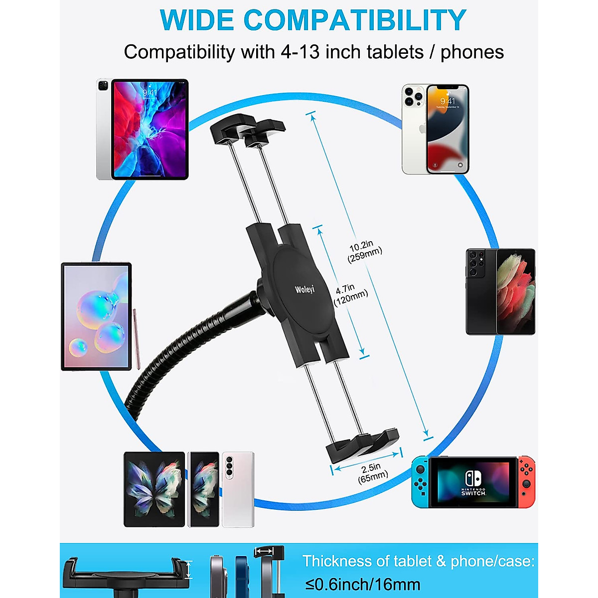 Gooseneck Tablet Mic Stand, woleyi Phone iPad Holder for Microphone Stand [Metal Arm Clamp] 360° Swivel Tablets Music Mount, Compatible with iPad Pro 12.9 Air Mini, iPhone, Galaxy Tabs, 4-13" Devices