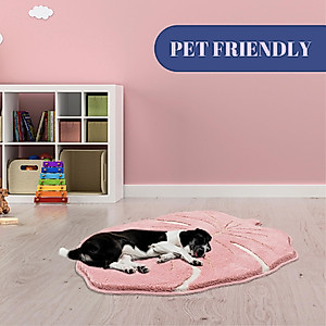 Beyond Deco Hand Tufted Monstera Pink leaf Rug 47x31 inches, non slip soft palm tree plant Area Rug, Anime non slip machine washable bath mats for shower