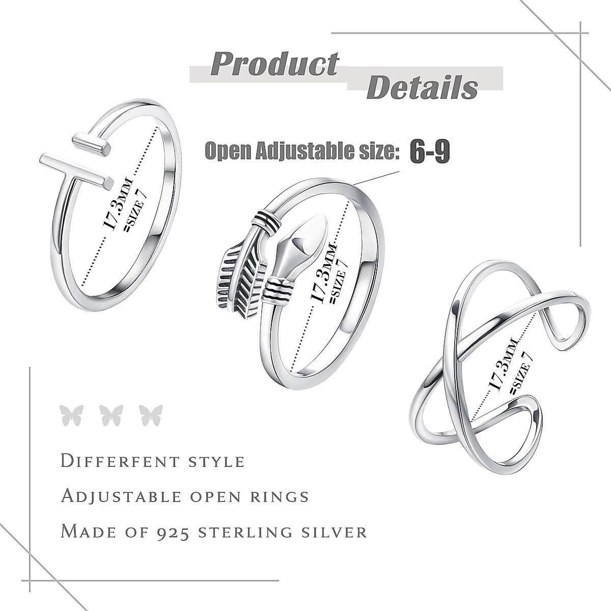 FIASASO 3PCS 925 Sterling Silver Open Adjustable Rings for Women Men Minimalist X Cross Arrow Stackable Rings Set Size 6-9 silver