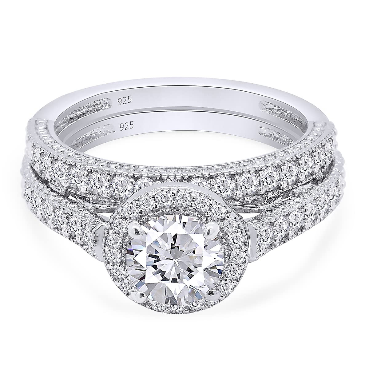 SAVEARTH DIAMONDS 1 1/4 Carat Round Cut Lab Created Moissanite Diamond Halo Bridal Set Engagement Ring In 14k White Gold Plated 925 Sterling Silver (G-H Color, 1.25 Cttw) Ring Size-7.5