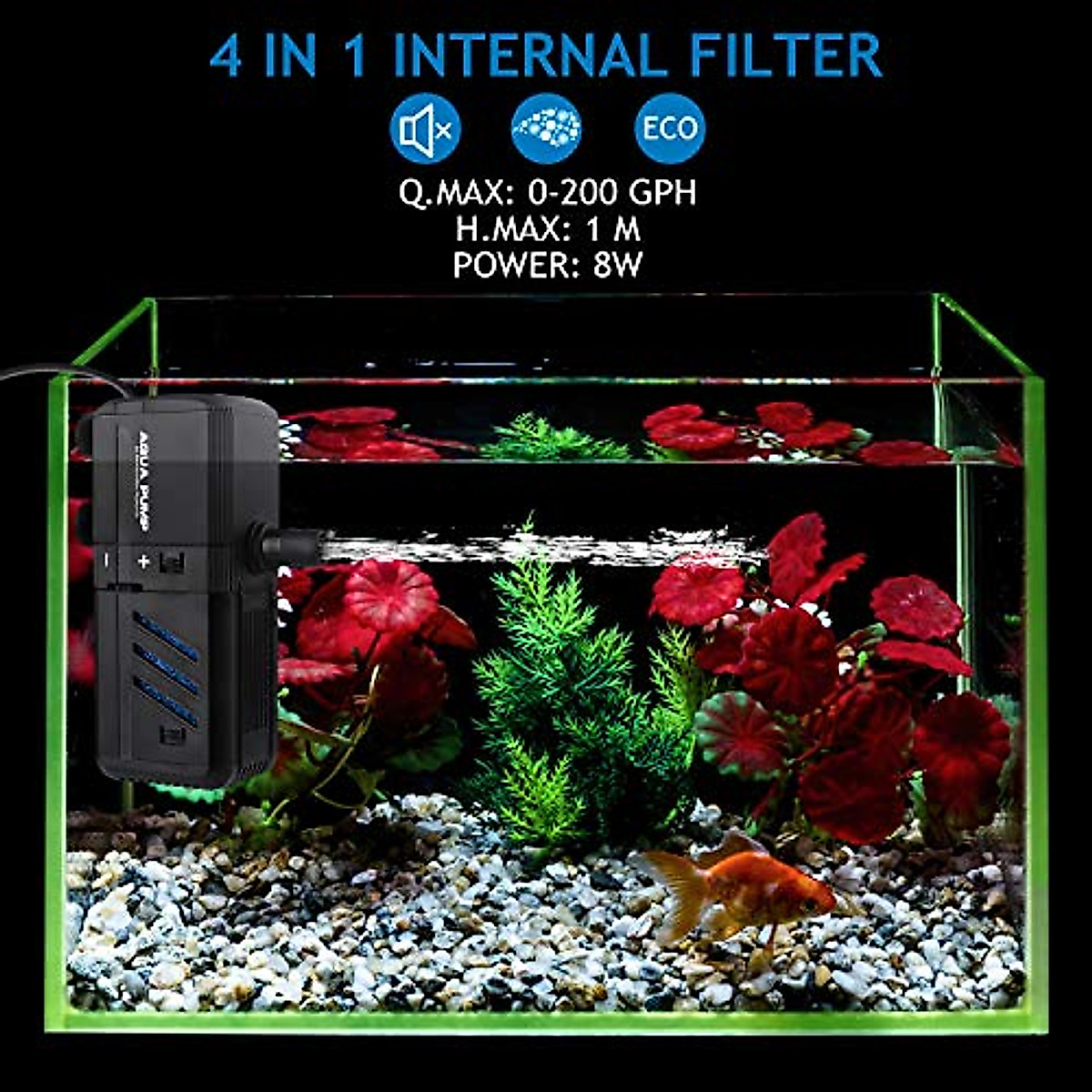 NO.17 Submersible Aquarium Internal Filter 6W, Adjustable Fish Tank Filter with 132 GPH Water Pump for 1-10 Gallon Fish Tank