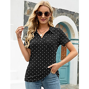 Black Collared Shirts for Women V Neck Golf Polos Short Sleeve Tunic Tops Business Casual Blouse Office Polka Dot L