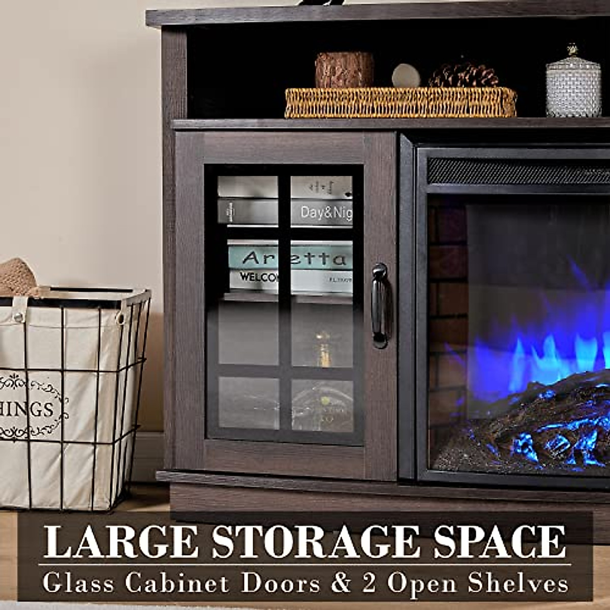 LUXOAK 59" Curved Fireplace TV Console, Entertainment Center Table with Open Shelves and Farmhouse Glass Door Media TV Cabinet Stand for TVs up to 65 Inches, Dark Walnut