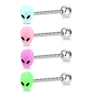 Melighting 4Pcs Alien Tongue Rings Glow in The Dark 14G Surgical Steel 316L Tongue Piercing Jewelry Multi Alien Tongue Barbells Body Piercing Jewelry