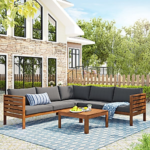 Outdoor Patio Furniture Sofa Set, 4 Piece Outdoor Conversation Sofa Set Wooden Sectional Sofa Set with Seat Cushions and Wooden Coffee Table, Cushioned Sofa Set for Outdoor Indoor