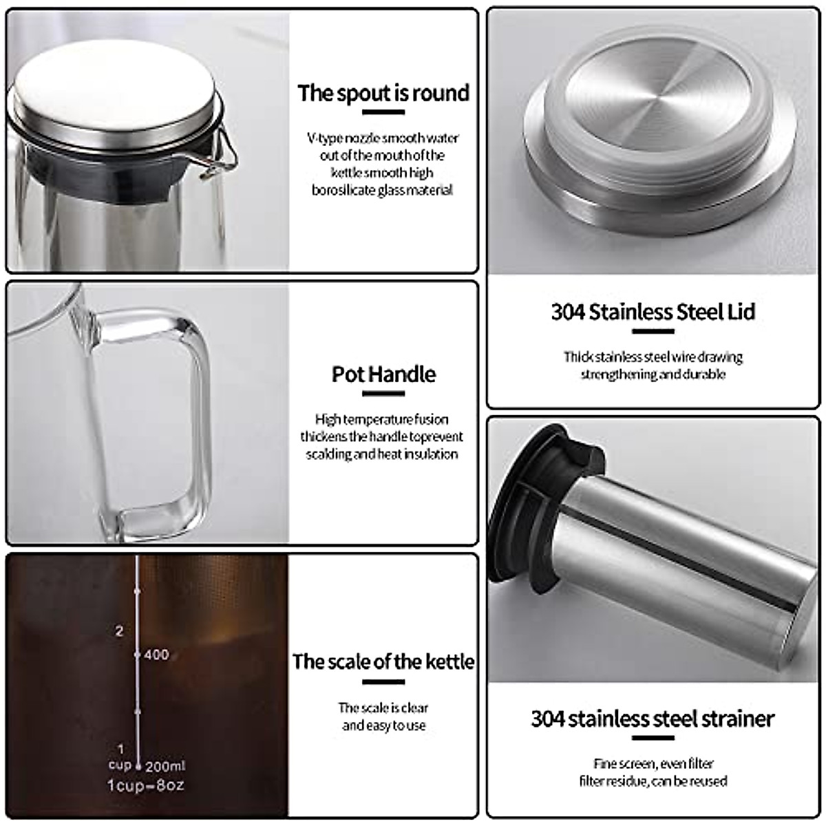 Cold Brew Coffee Maker with Lid and Handle 47oz / 1.4 Liter, Durable Glass Pitcher Carafe, Stainless Steel Mesh Filter Infuser, Dishwasher Safe, for Iced Coffee, Cold Brew, Juice, Tea & More