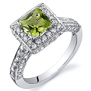 PEORA Peridot Promise Ring in Sterling Silver Ring, Vintage Halo Design, Princess Cut, 5mm, 0.75 Carat total, Comfort Fit, Size 7