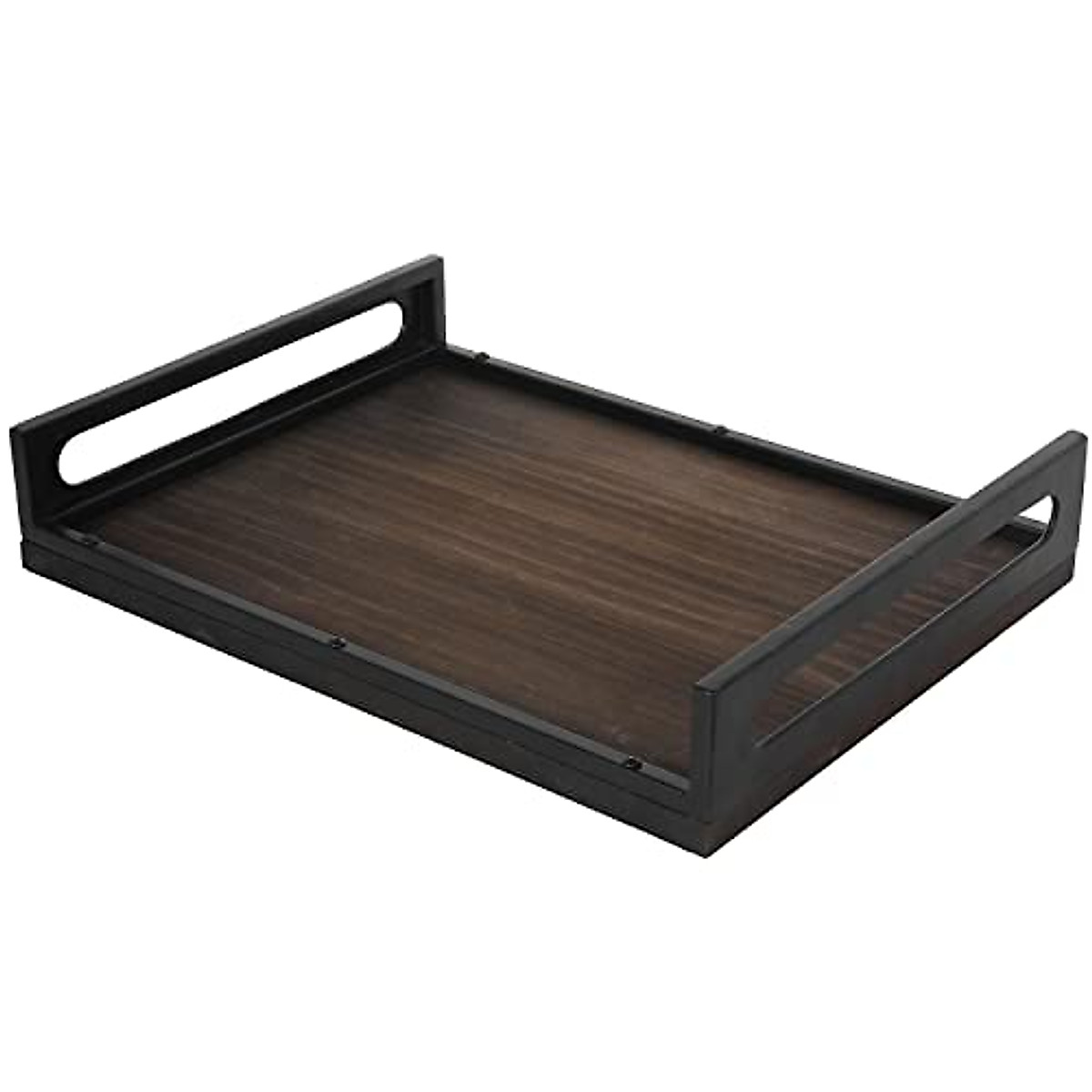 MyGift Large Wood Serving Tray, 16 x 12 Inch Matte Black Metal and Burnt Brown Wooden Party Server Tray, Decorative Ottoman Tray with Cutout Handles