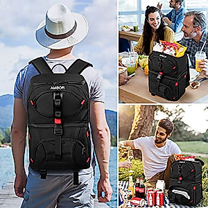 Cooler Backpack with 5 Ice Packs, 32 Cans Insulated Cooler Bag, AMBOR Large Capacity Lunch Backpack with Double Decks, Soft Lightweight Leakproof Cooler Backpack for Men Women Work/Hiking/Camping